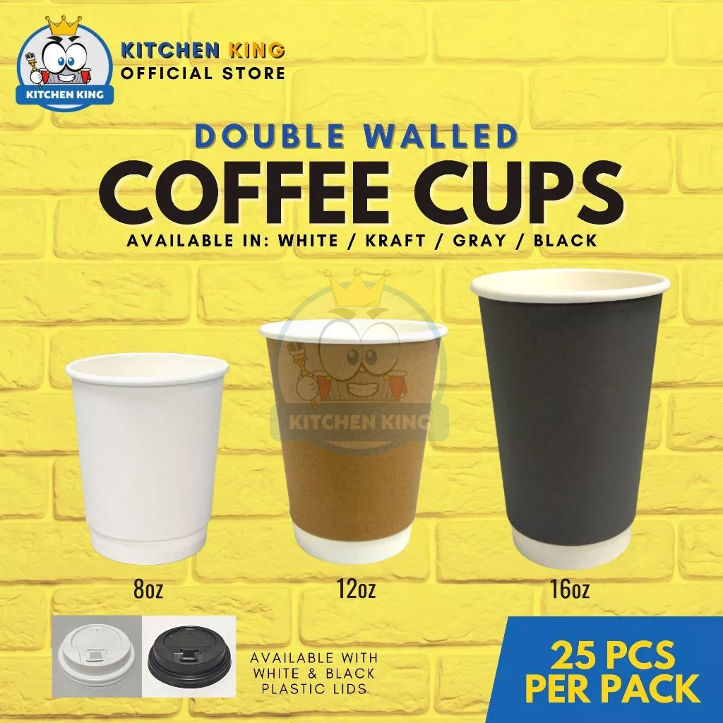 [25pcs] Double Wall Coffee Cup - 8oz / 12oz / 16oz - Black / Gray ...
