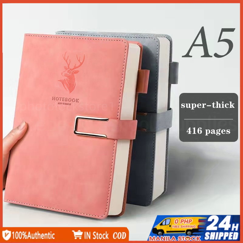 Leather notebook with pen A5 416 Pages paper notepad big Thick cute ...