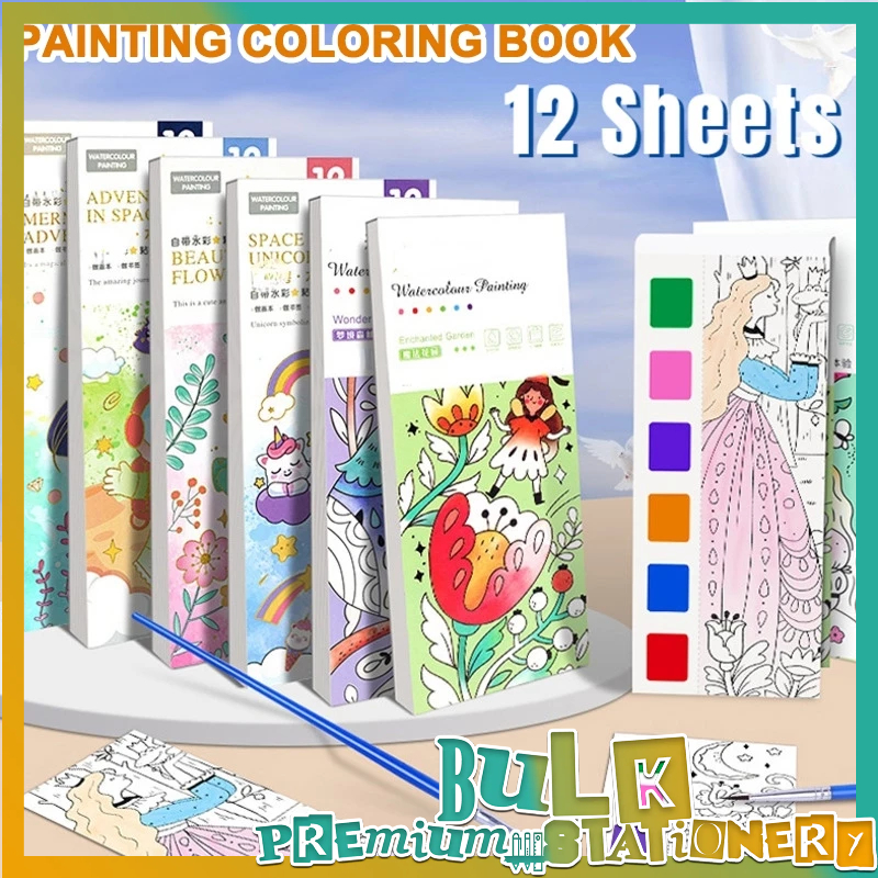 12 Sheets Coloring Book Set with Paintbrush Kids Art Leaning Education Supplies Children ...