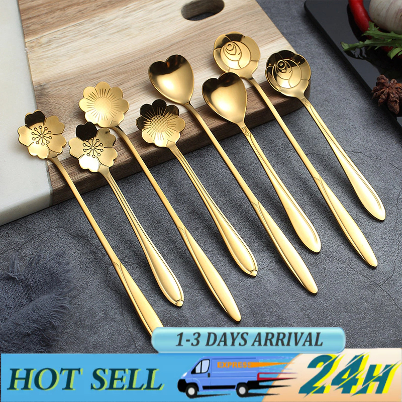 Stainless Steel Rose Spoon Gold Long Handle coffee Mixing Coffee Spoon ...