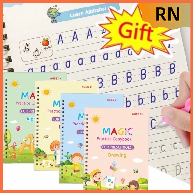4 IN 1 Magic Practice Writing Book Reusable Learning Copybook Set ...