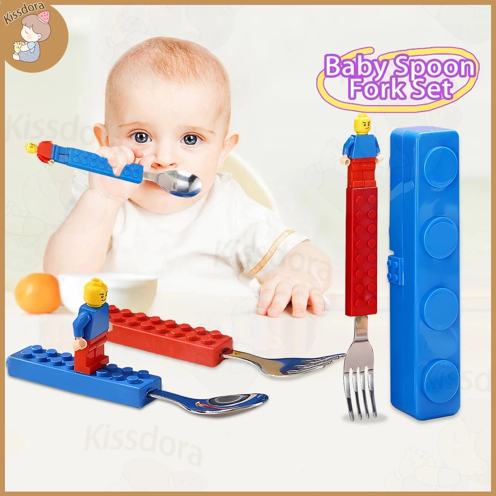 Kissdora Toddler Spoon Fork Set Building Blocks Flatware kids Spoon and ...