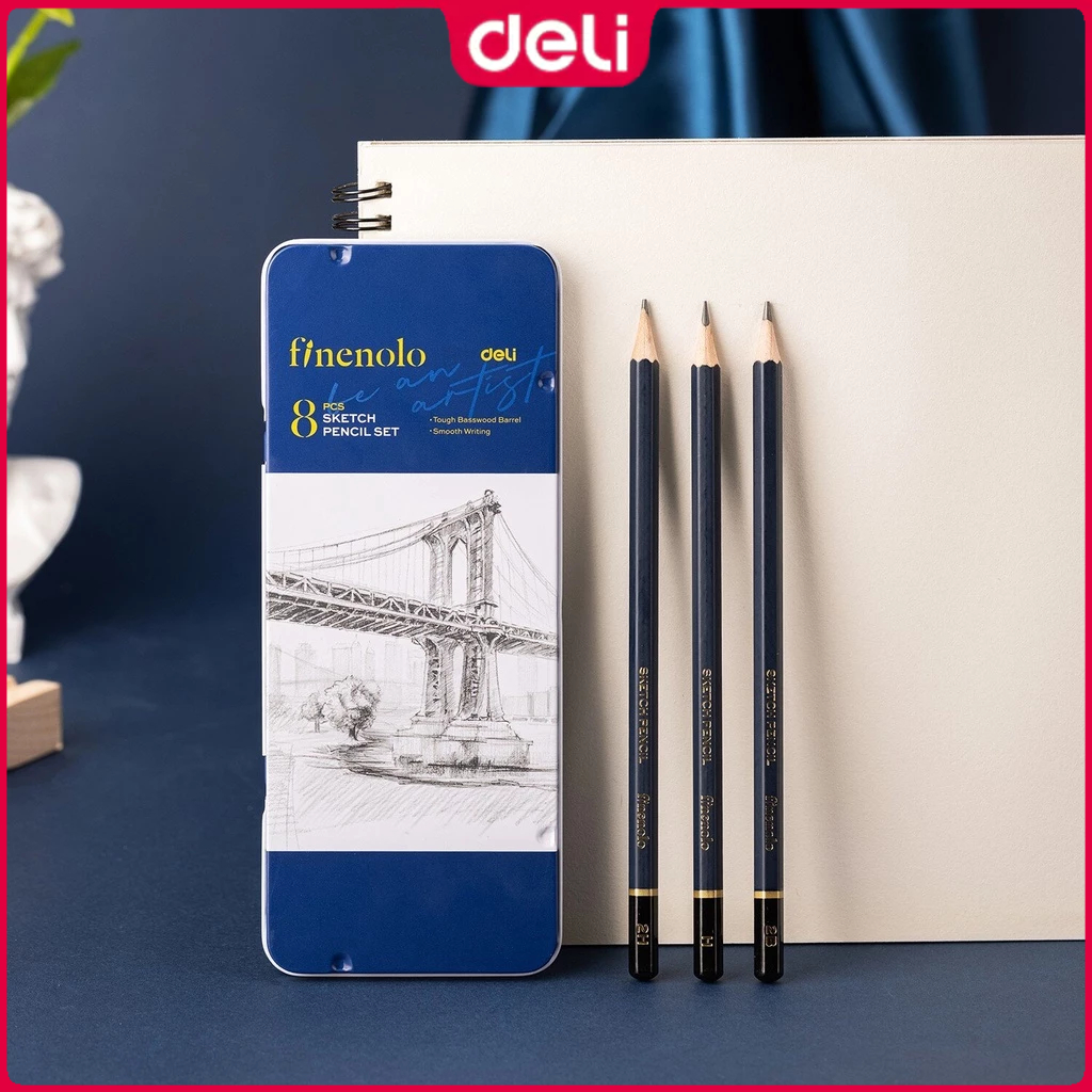 Deli 2B HB Drawing Pencil Set 8Pcs Iron Box Sketch Pencil Set School ...