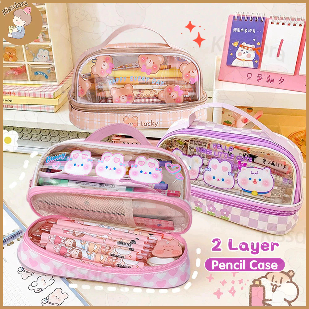 Kissdora Double Layer Pencil Case Transparent Large Stationery Box ...