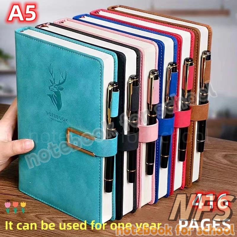 A5 Leather notebook with pen 416 Pages paper notepad big Thick cute ...