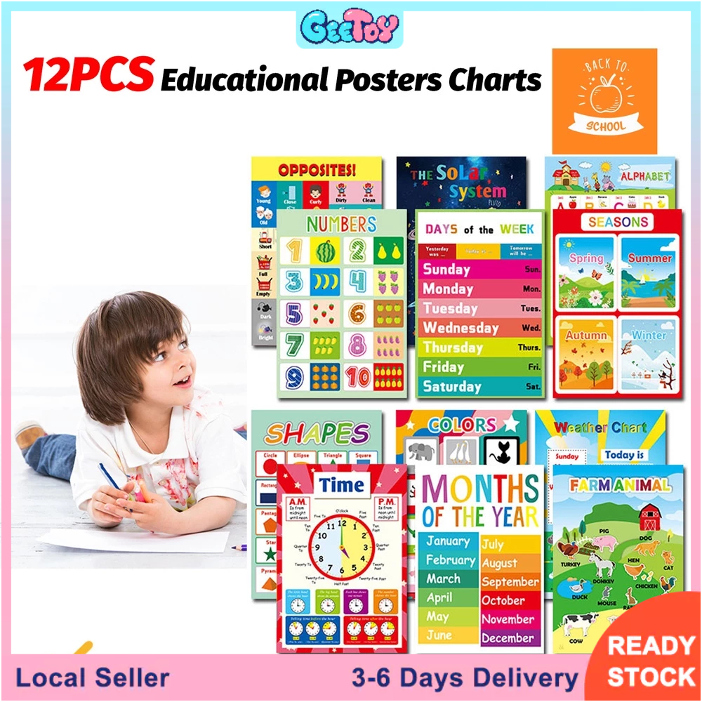 Geetoy 12Pcs A3 Poster Charts for Kids Kindergarten Alphabet Numbers ...