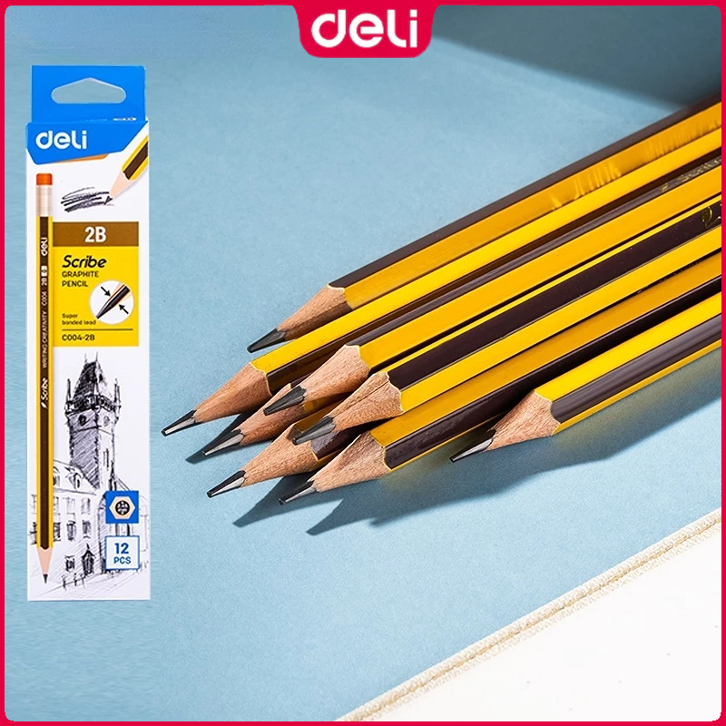 Deli 12PCS 2B Graphite Pencil with Eraser Student Writing Pencil School ...