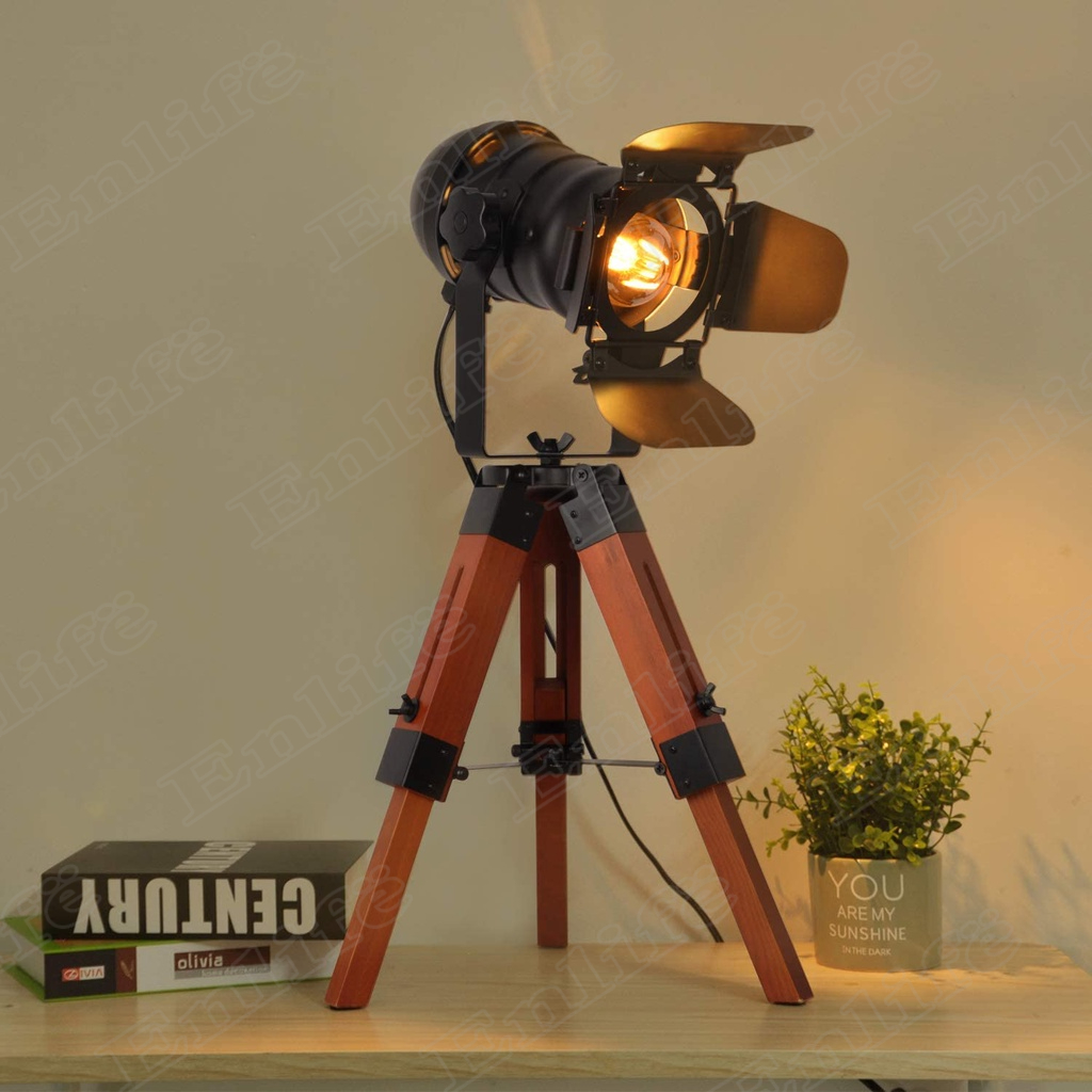 Vintage Lamp Table Lamp Industrial Tripod Camera Wood Stand Light Retro ...