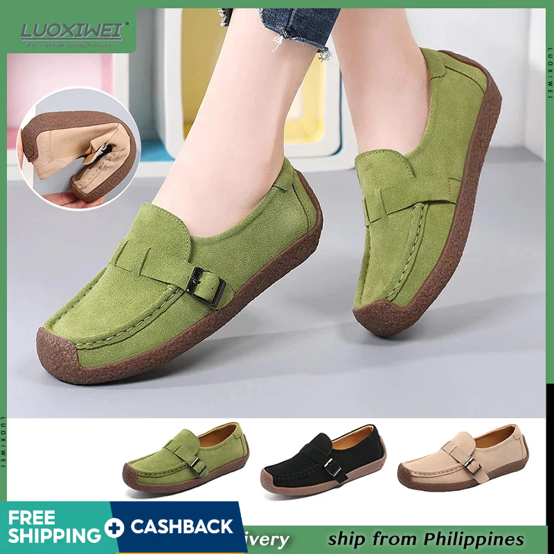 【COD】Fashion Suede Leather Flat Shoes For Women Doll Loafers Rubber ...