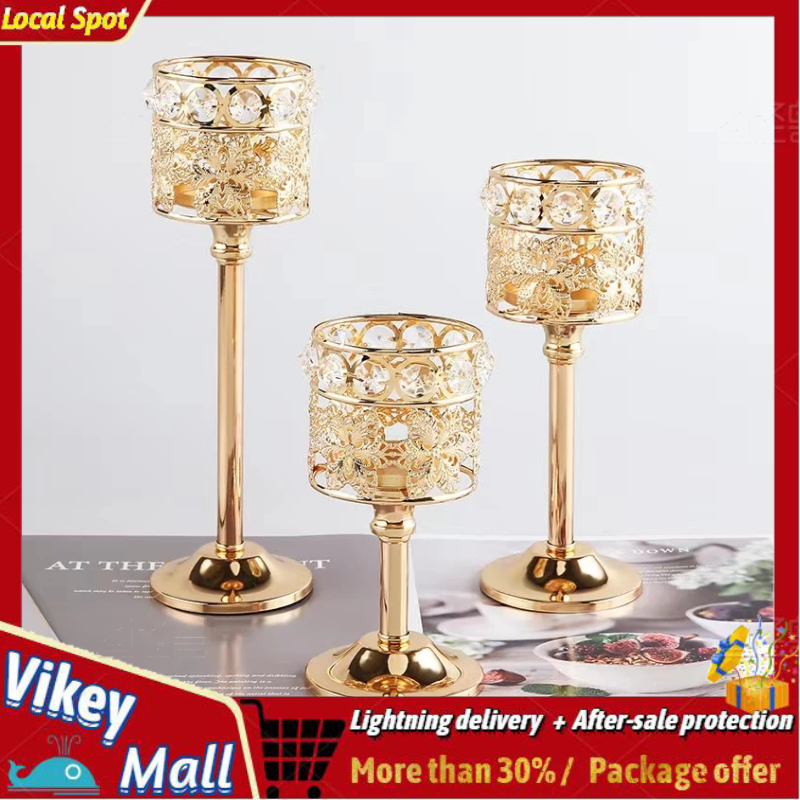 (COD) Wedding Golden Crystal Lace Candle Holder Tea Light Candle Holder ...