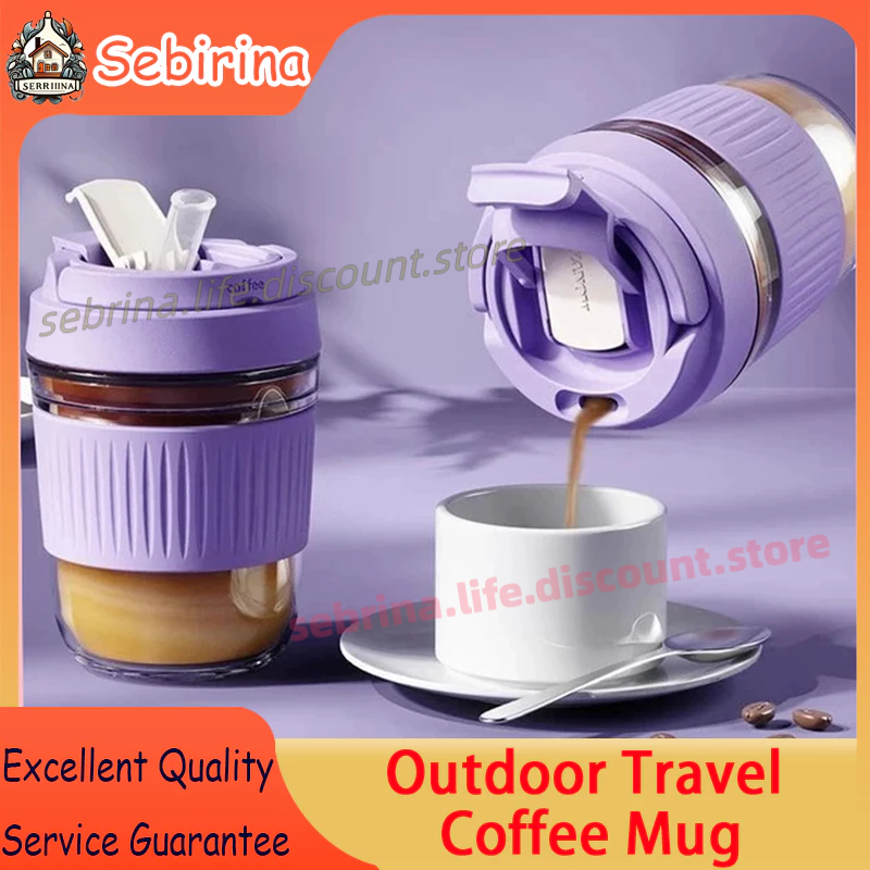 400/550ML Glass Travel Coffee Mug Reusable Coffee Cup with Lid and Straw Portable To Go Iced Tea ...