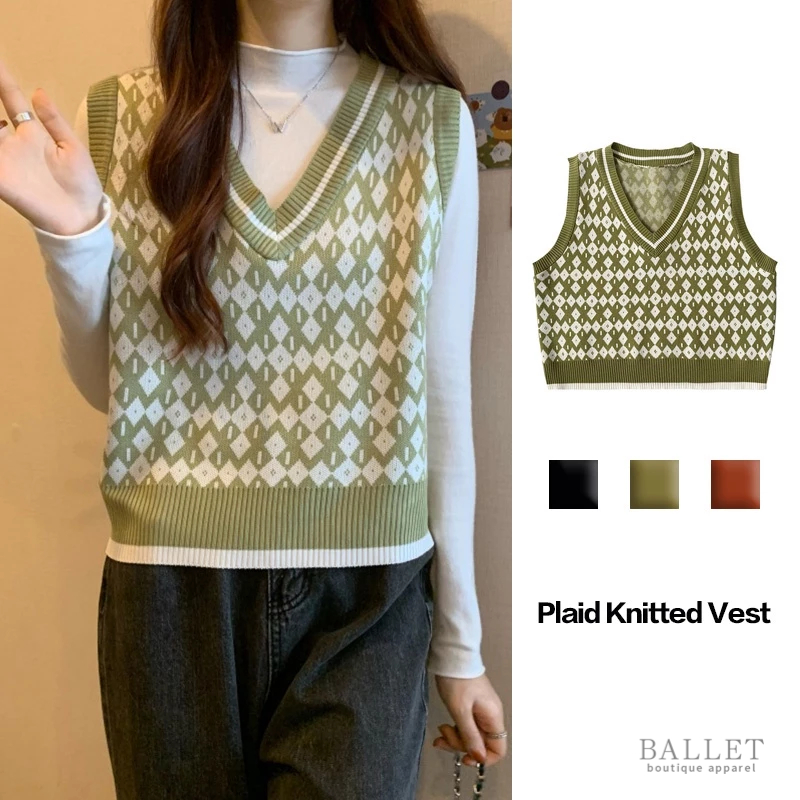 Plaid Knitted sweater Vest Korean Women's V-Neck Sleeveless Oversized Camisole Tops BB | Shopee ...