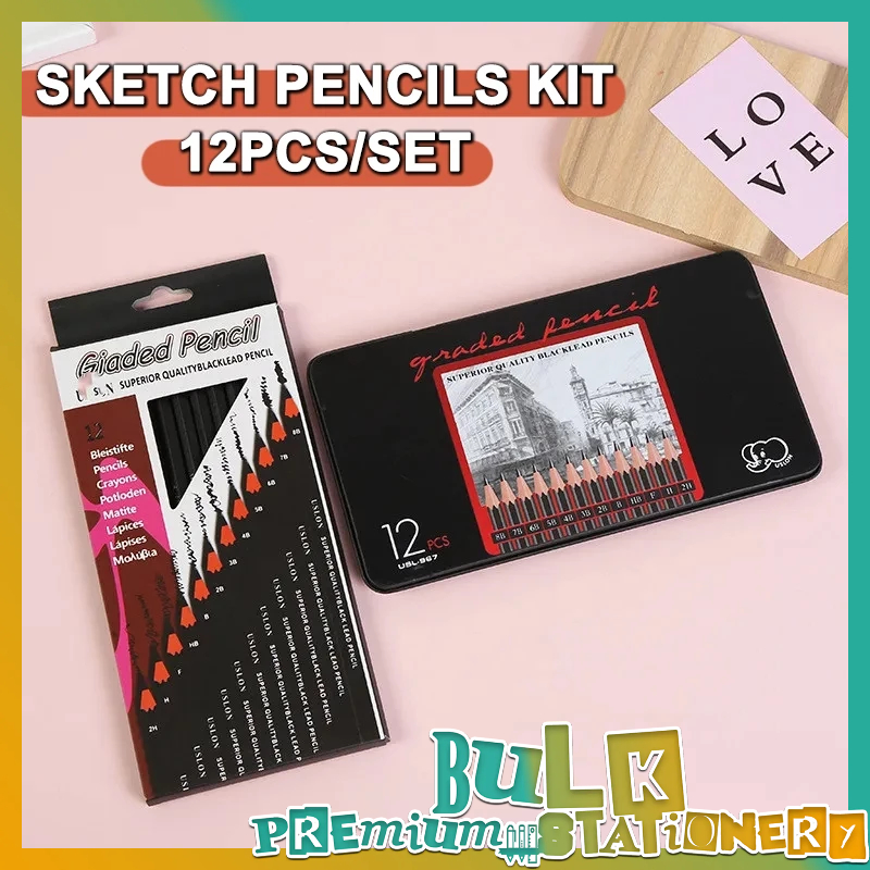 12PCS Sketch Pencil Kit Metal Box Professional Pencils set Art Supplies ...