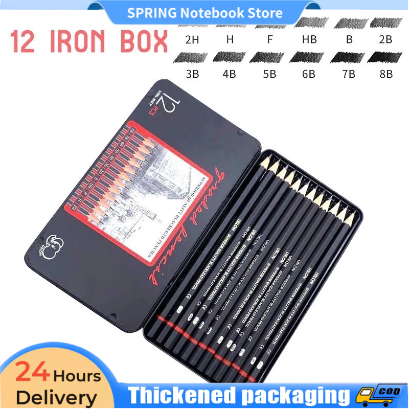 12 Pcs Sketch Pencil Set 2H-8B Set lron Bох Painting Drawing pencils ...