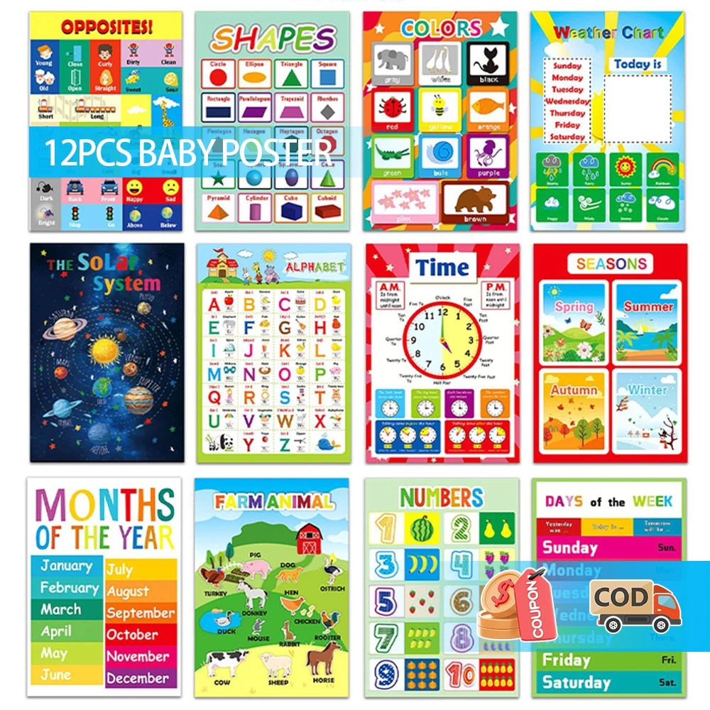 HB 12Pcs Educational Charts For Kids Wall Early Learning Poster ...