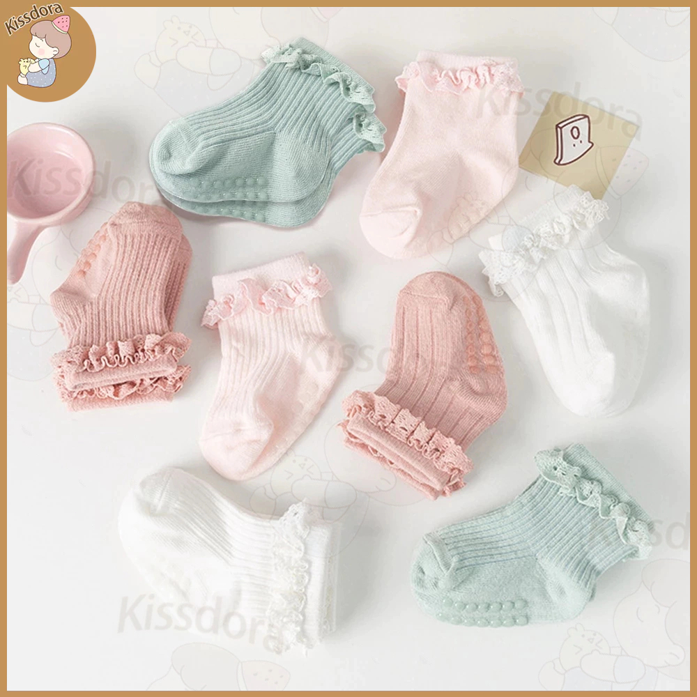 Kissdora Solid Color Baby Socks Medyas for Kids Non slip lace Socks for ...