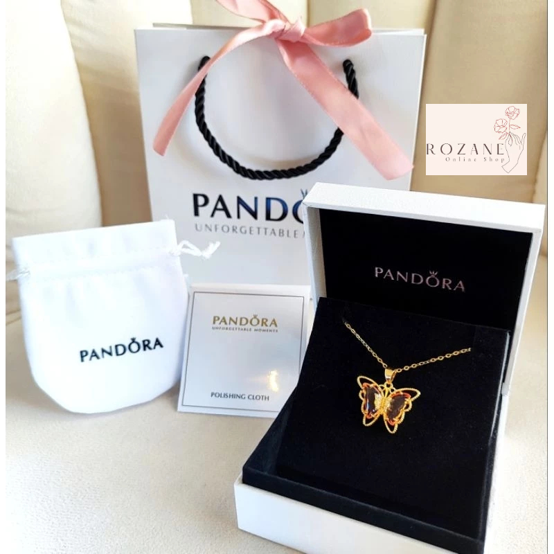 Pandora Pink Princess Butterfly Gold Necklace With Premium Pandora ...