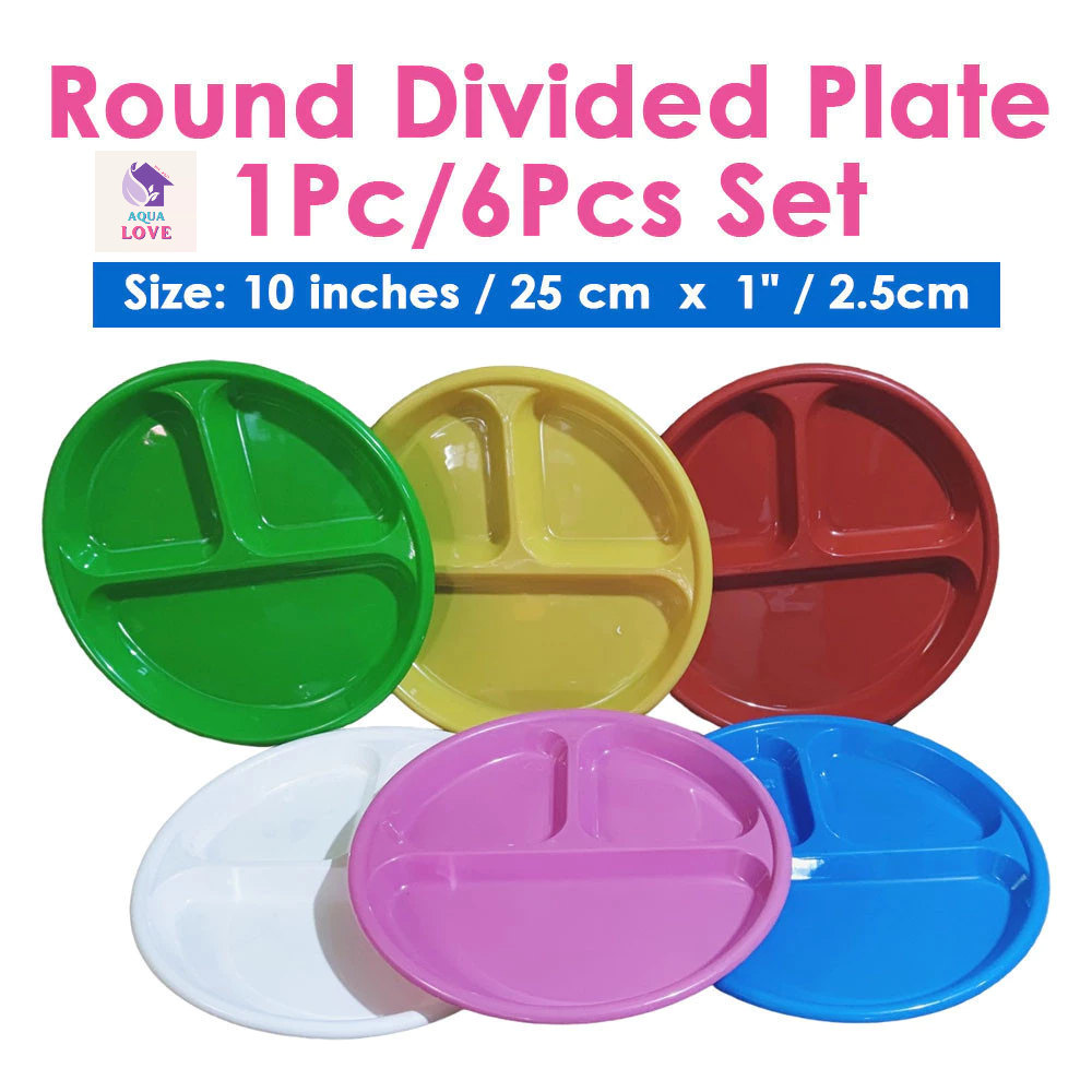 AQUA *6pcs PLASTIC PLATES WITH PARTITION ROUND HANDAAN PLATE 10 inches ...