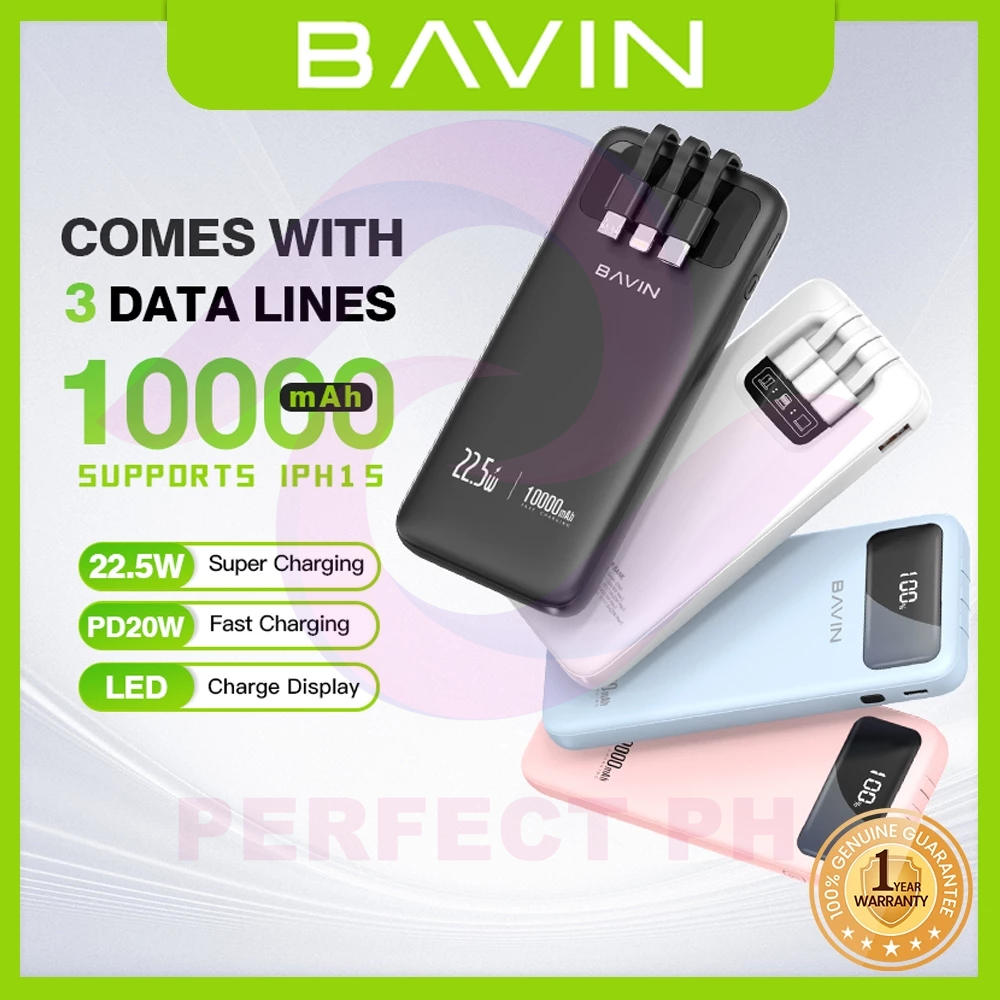 BAVIN PC1072s Powerbank 22.5W Fast Charging 10000mAh W/ LED Display and Built-In 3 Charging ...