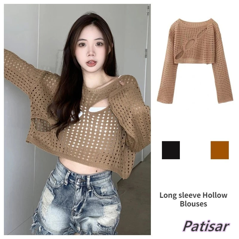 Girls Sunscreen Long sleeve Hollow Blouses Croptop For Women | Shopee ...