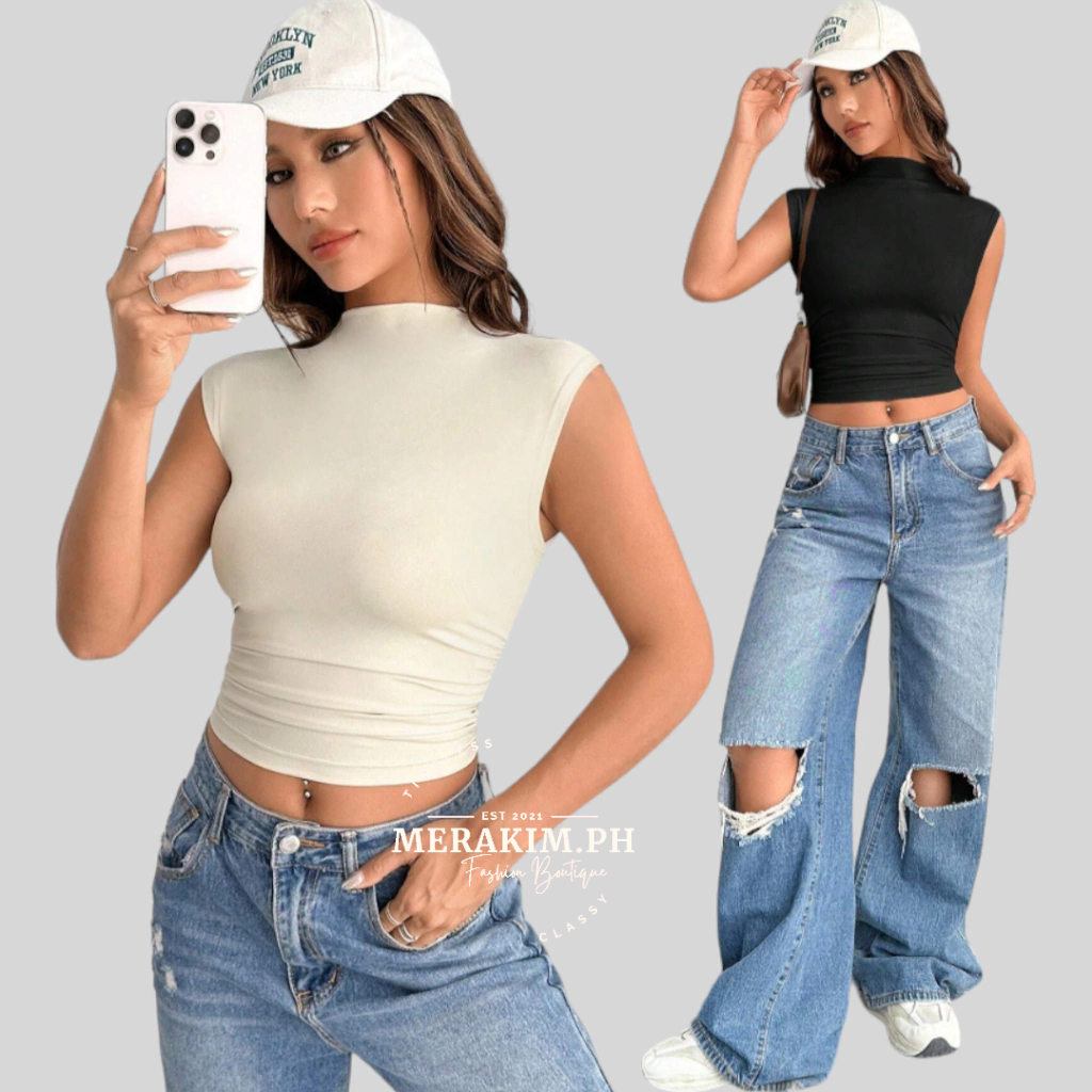 DIANA BOATNECK TOP - Funnel Neck Ruched Tank Top Cotton Knitted Full ...