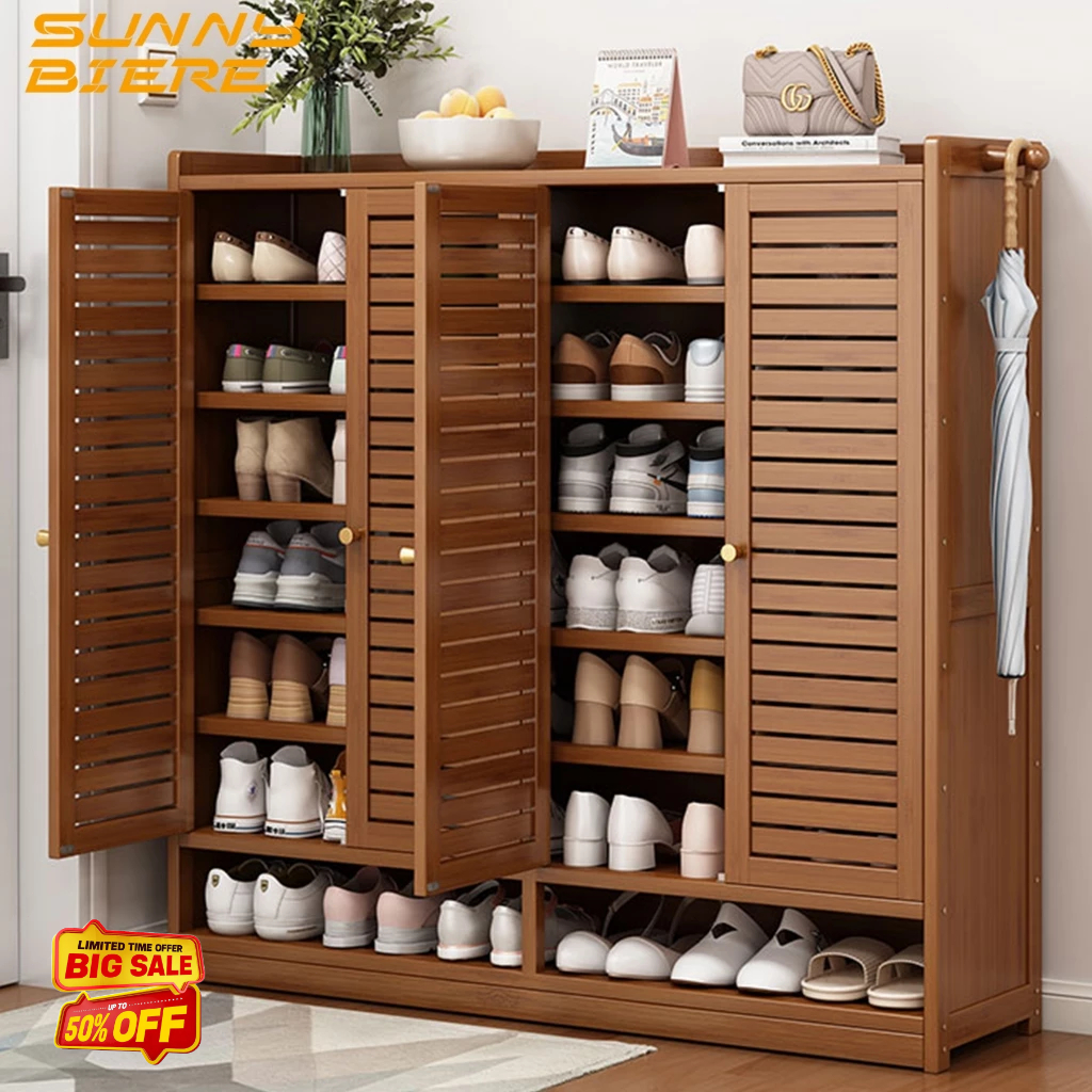 【On Hand】Bamboo Shoe Rack Organizer With Door Shoe Cabinet Breathable ...