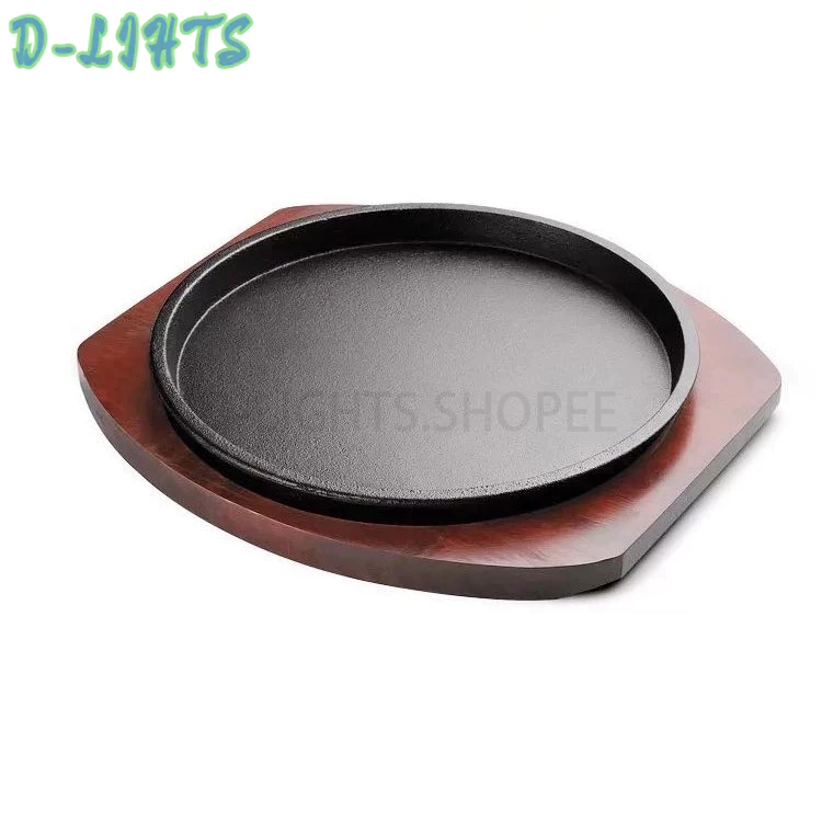 ROUND shape Nonstick sizzling plate cast iron hot plate With Wooden ...