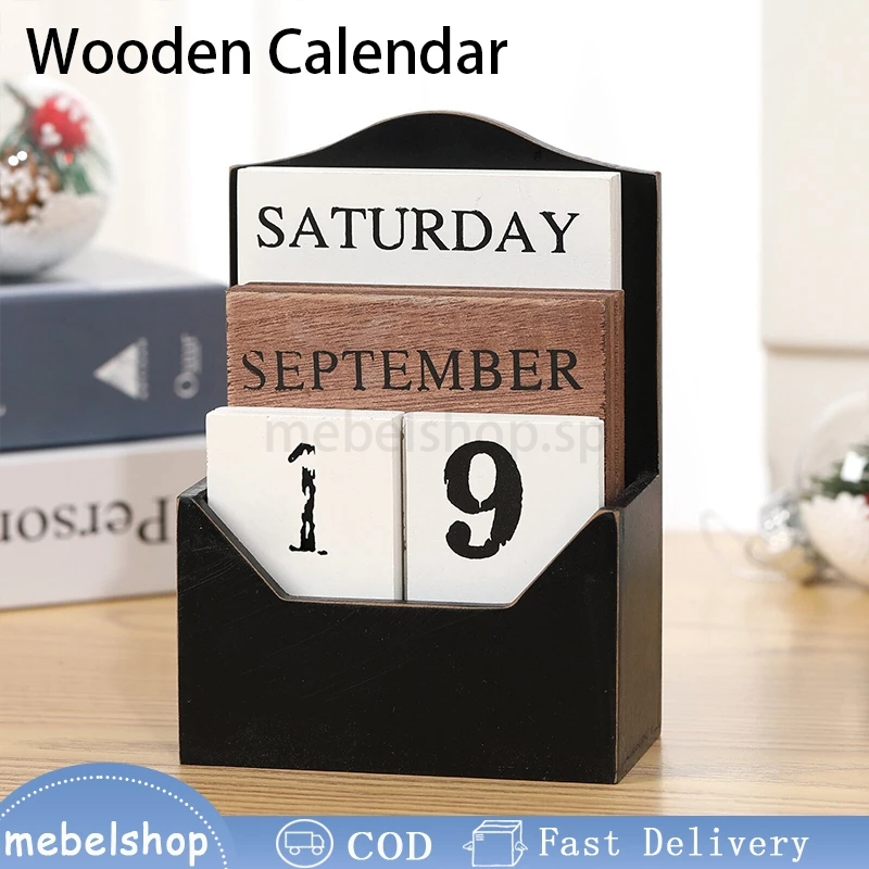 Retro Vintage Wood Calendar Black Desk Blocks Calendar Home/Office ...