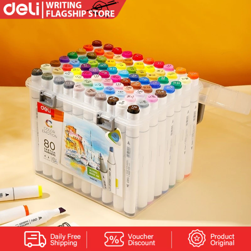 Deli 12/24/36/48/60/80 Colors Marker Alcohol Triangle Markers Set Color ...