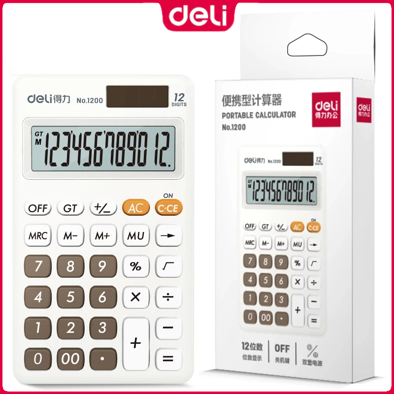 Deli 12 Digits Portable Calculator Solar Power Button Battery Power ...