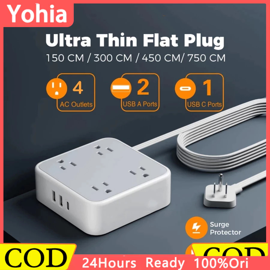 TESSAN Flat Plug Power Strip,Ultra Thin Extension Cord with USB+Type C ...