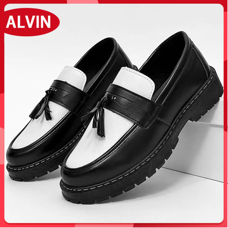 ALVIN Men's Black&White Penny Loafers Two-tone Thick-soled British ...