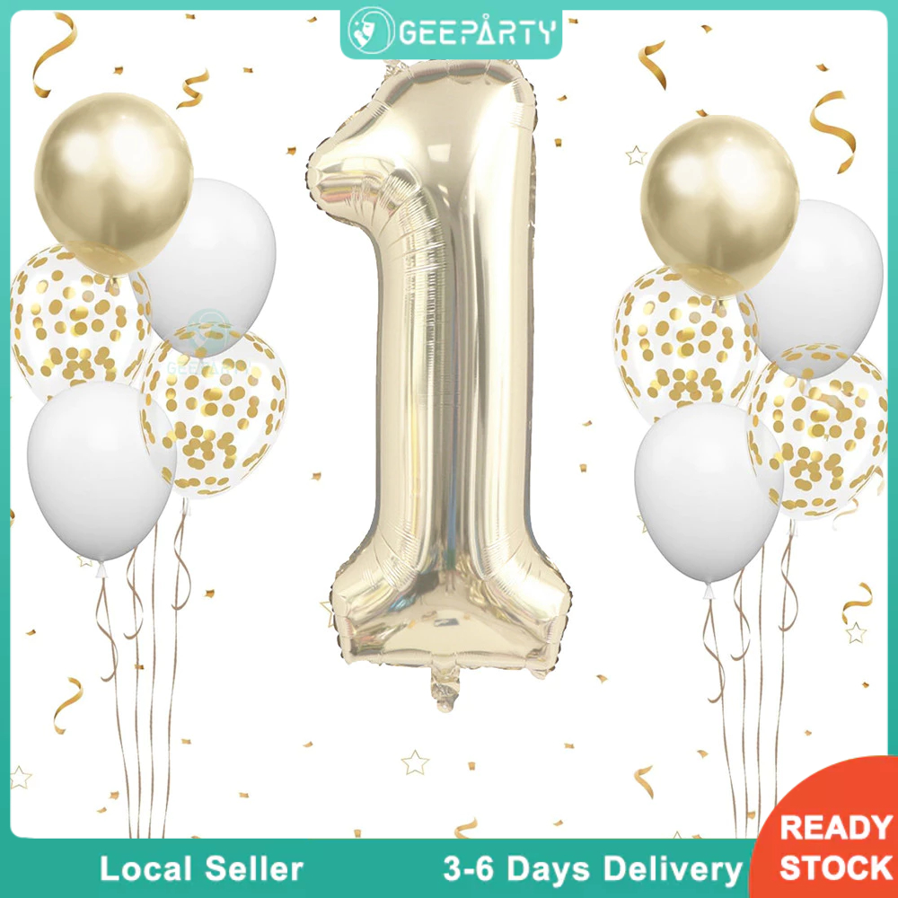 12pcs White Gold Foil Number Balloon Set Confetti Balloon for Birthday ...