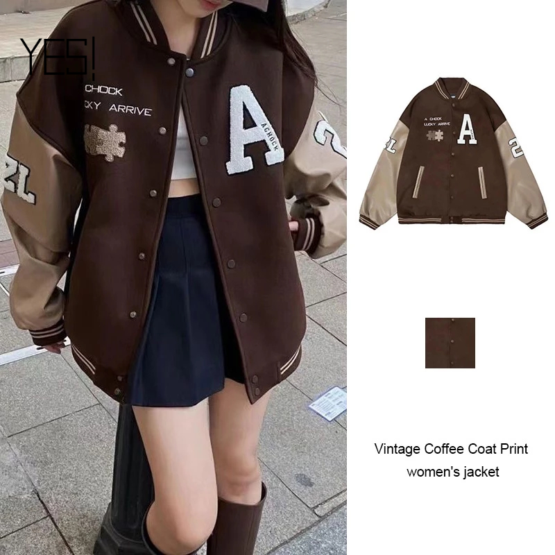 Spring Autumn Vintage Coffee Coat Printed Women Jacket Leisure Couple ...