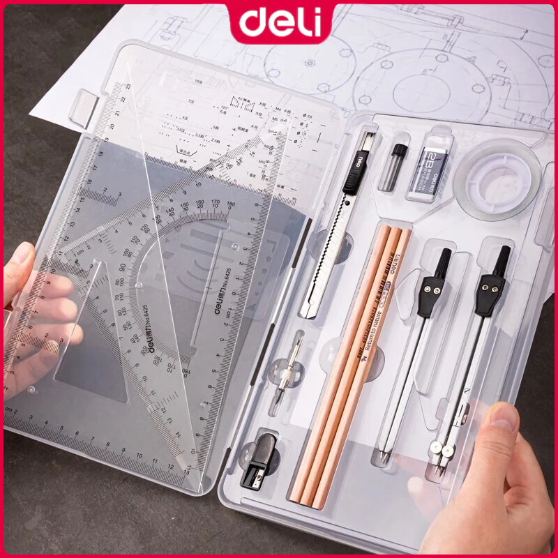 Deli 72156 Mechanical Drawing 16 Pieces Suit Drawing Ruler Pencil ...