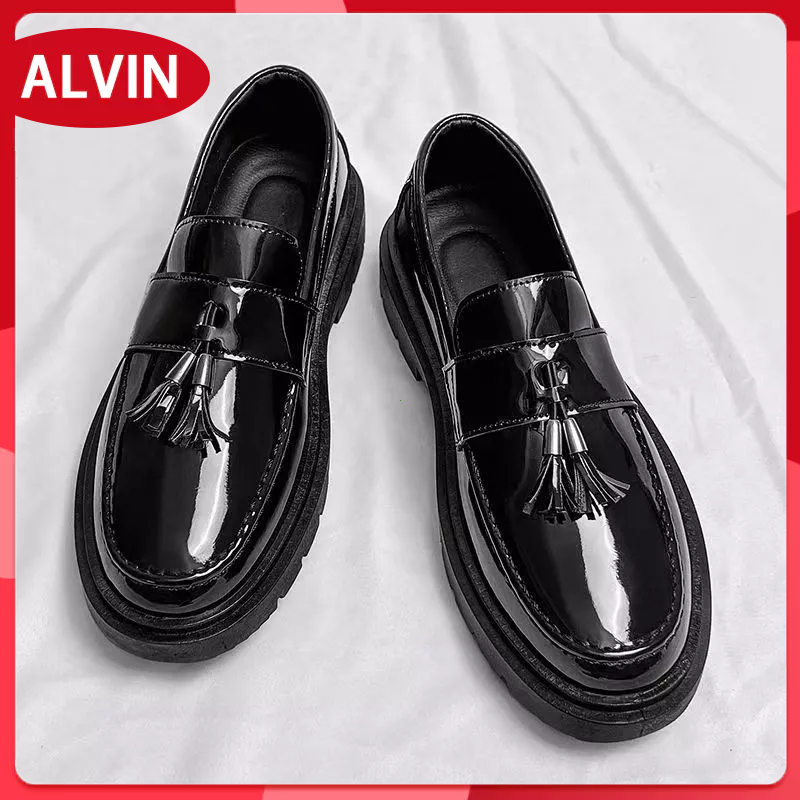 ALVIN Men's Leather Shoes Shiny Black Loafers 2024 New British Business ...