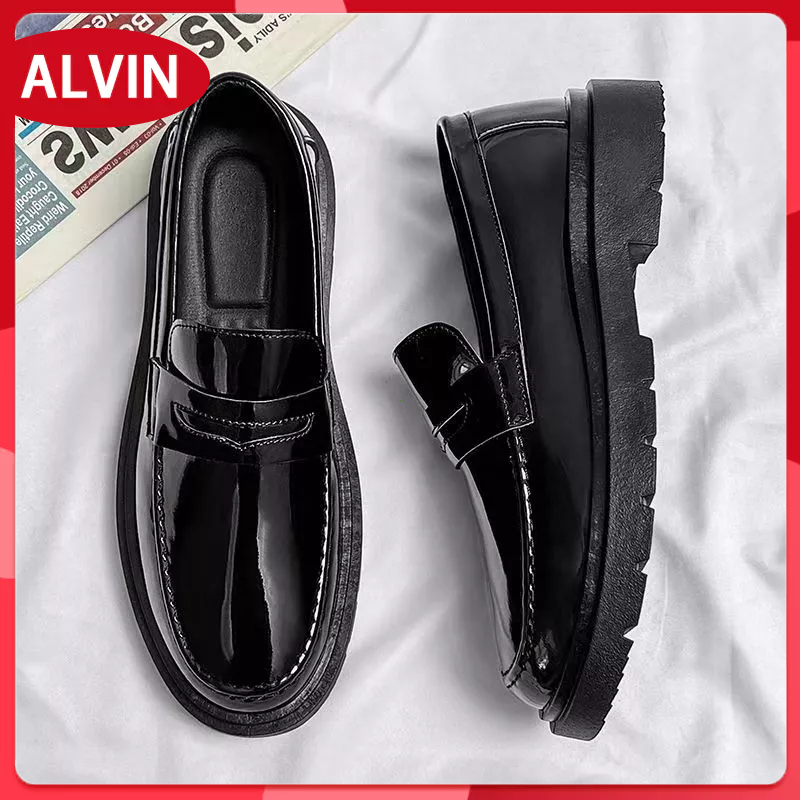 ALVIN Men's Leather Shoes Black Shiny Business Formal Shoes Korean ...
