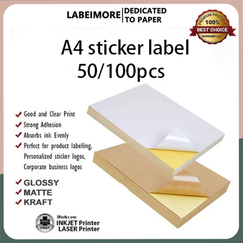 A4 (50 | 100 pcs)Printable Inject Sticker Paper Matte Glossy & Kraft ...