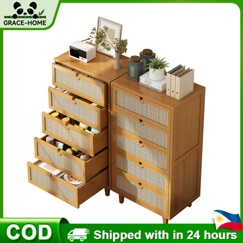【On Hand】Bamboo Chest of Drawers Cover Rattan Drawer Storage Cabinet ...