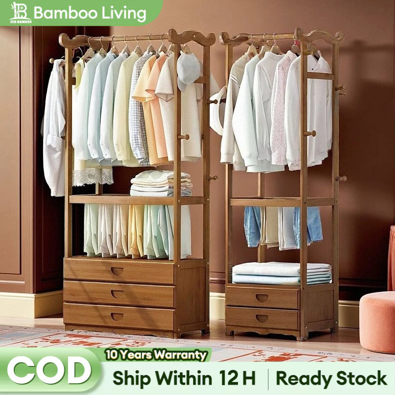 【On Hand】Bamboo Clothes Hanger 70/90CM With Drawers Wood Hanger Clothes ...