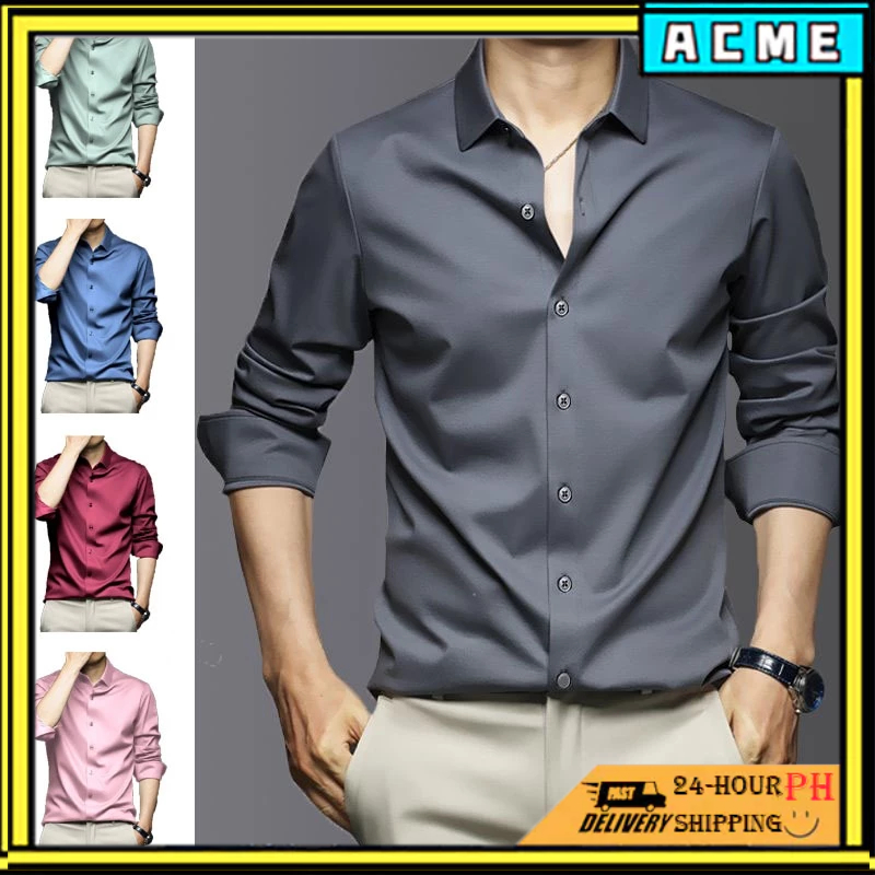 (PH STOCK)Mataas na dulo sutla shirt panlalaki mahaba manggas di bakal ...