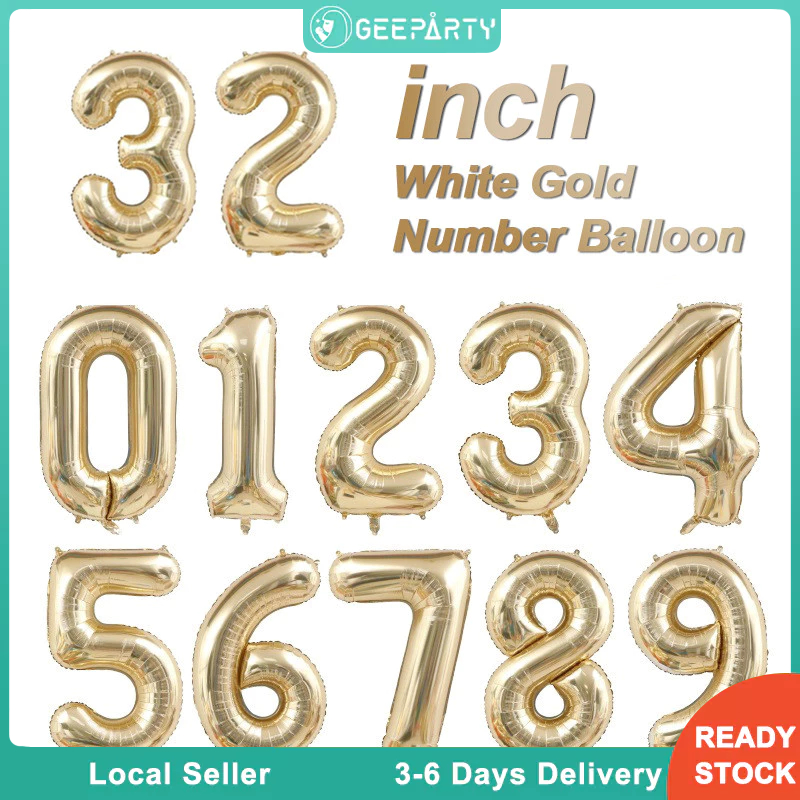 32 Inch 0-9 White Gold Number Balloon Platinum Foil Balloon for ...