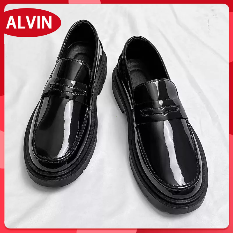 ALVIN Men's Leather Shoes Black British Shiny Korean Trendy Loafers ...