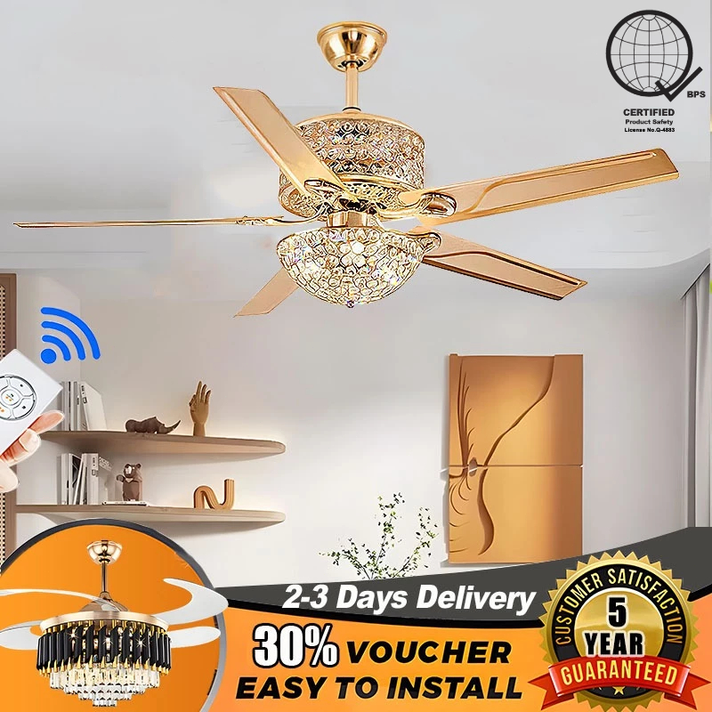 Elegant Ceiling Fan With led Light 52 inch Stainless Steel 5 Blades ...