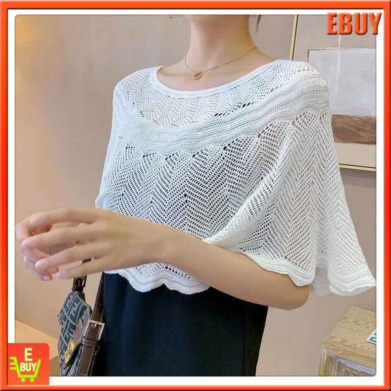 Hollow knitted shawl Solid color thin elegant cloak with ruffles ...