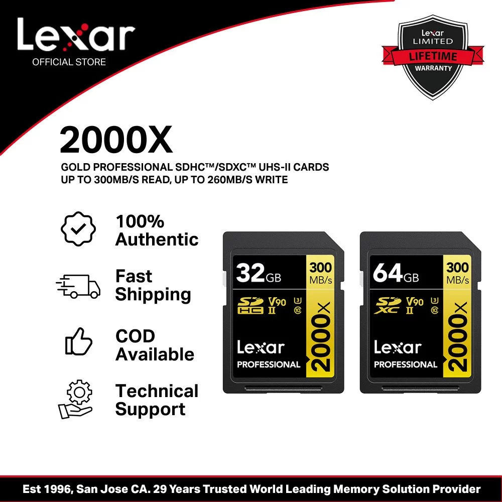 Lexar Professional 2000x 32GB/64GB SDHC/SDXC UHS-II SD Card GOLD Series ...