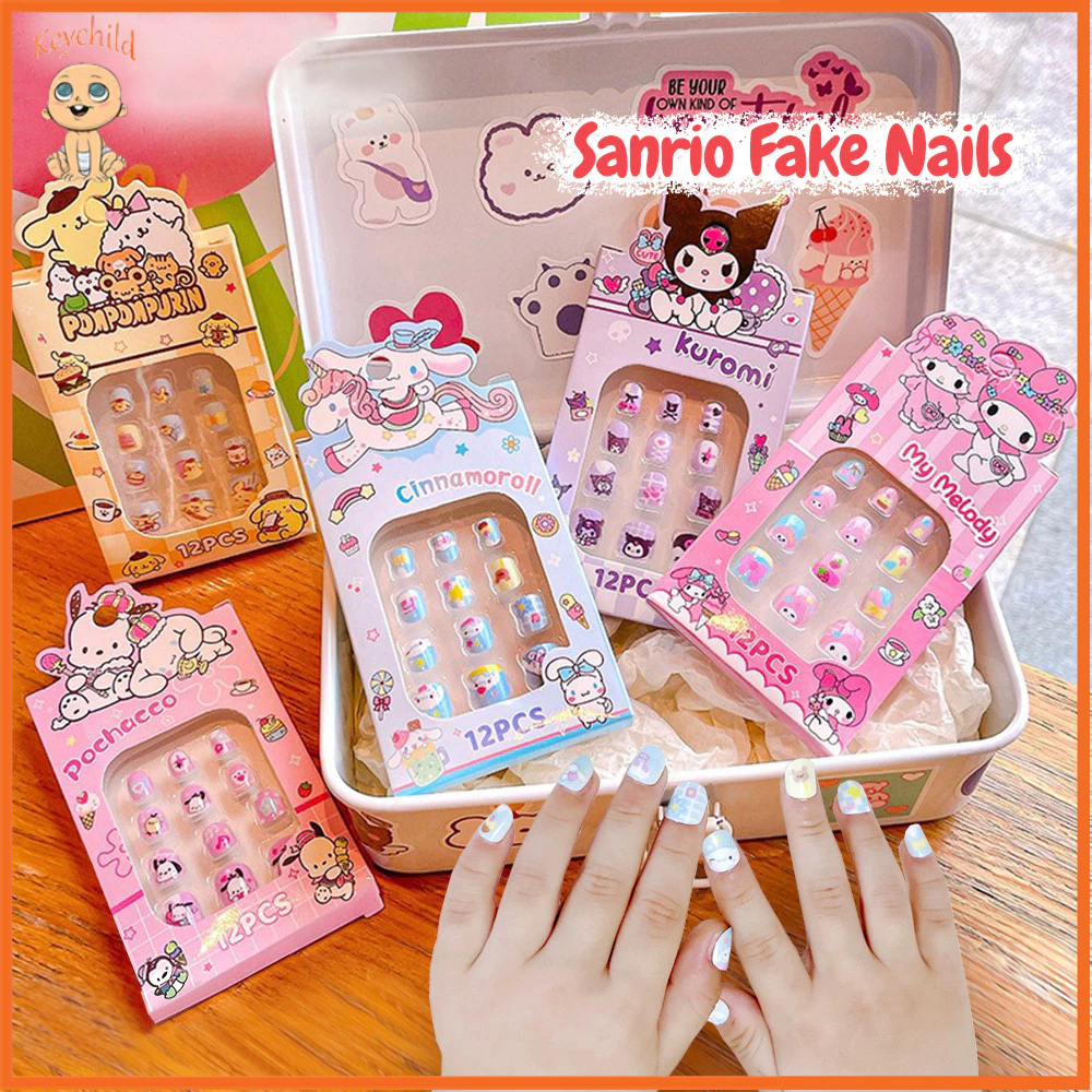 Keychild 12Pcs/box Fake Nails Set for Kids Girls Kuromi Melody Fake ...