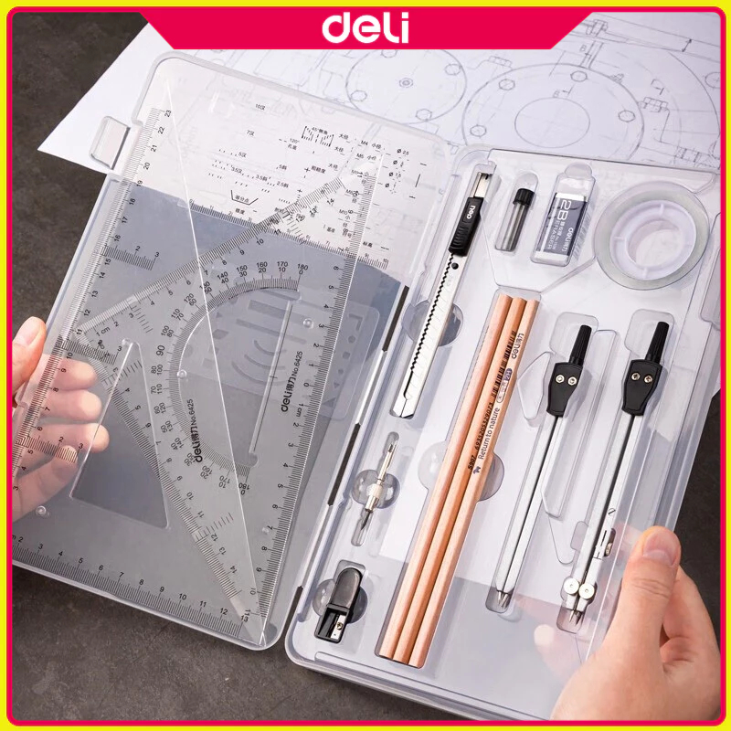 Deli Mechanical Drawing 16 Pieces Suit Drawing Ruler Pencil Compass ...
