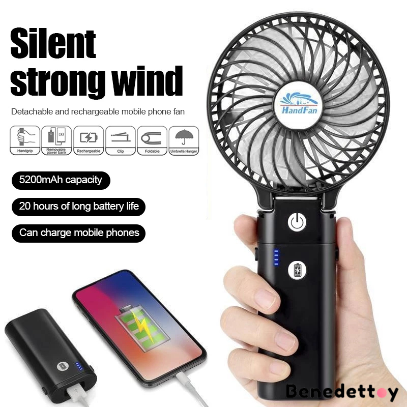 5200mAh PowerBank Fan Handheld Mini USB Fan Folding portable Power Source Fan Multifunctional ...