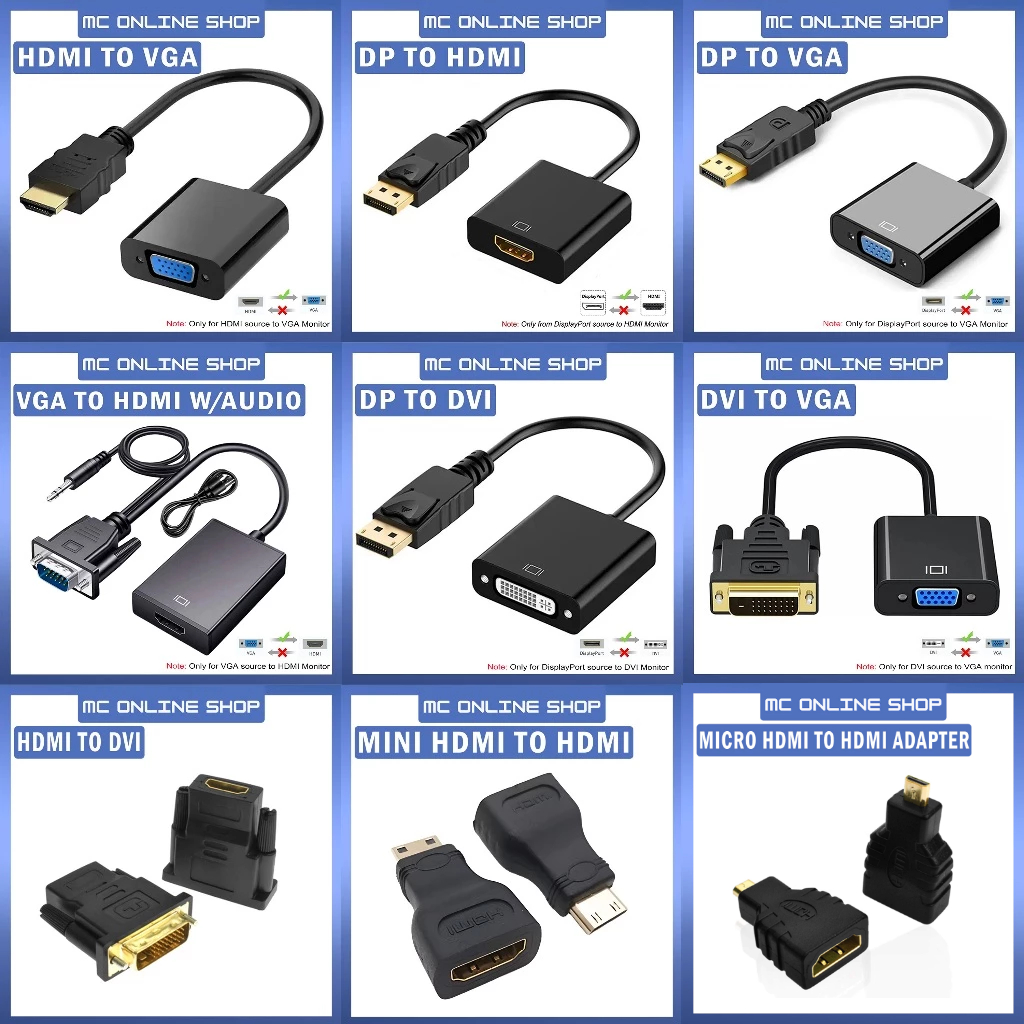 Cable Adapter Converters Micro Mini HDMI DVI VGA DP Display Port To For ...